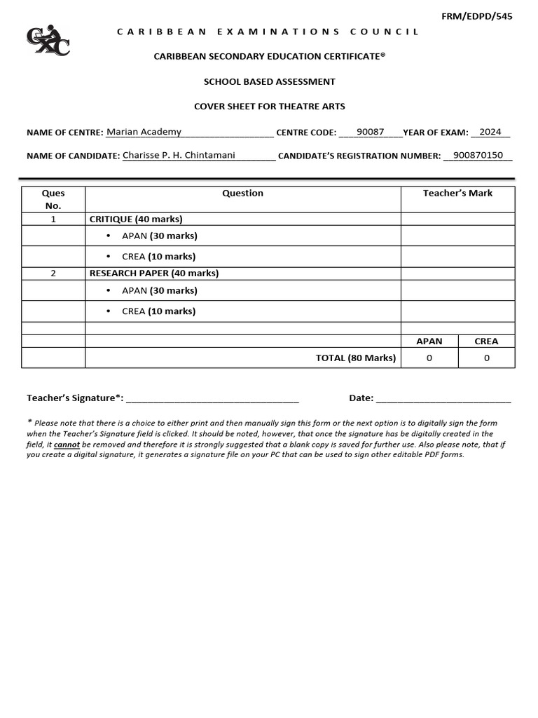 CSEC TheArts CoverSheetForESBA Fillable | PDF | Qualifications