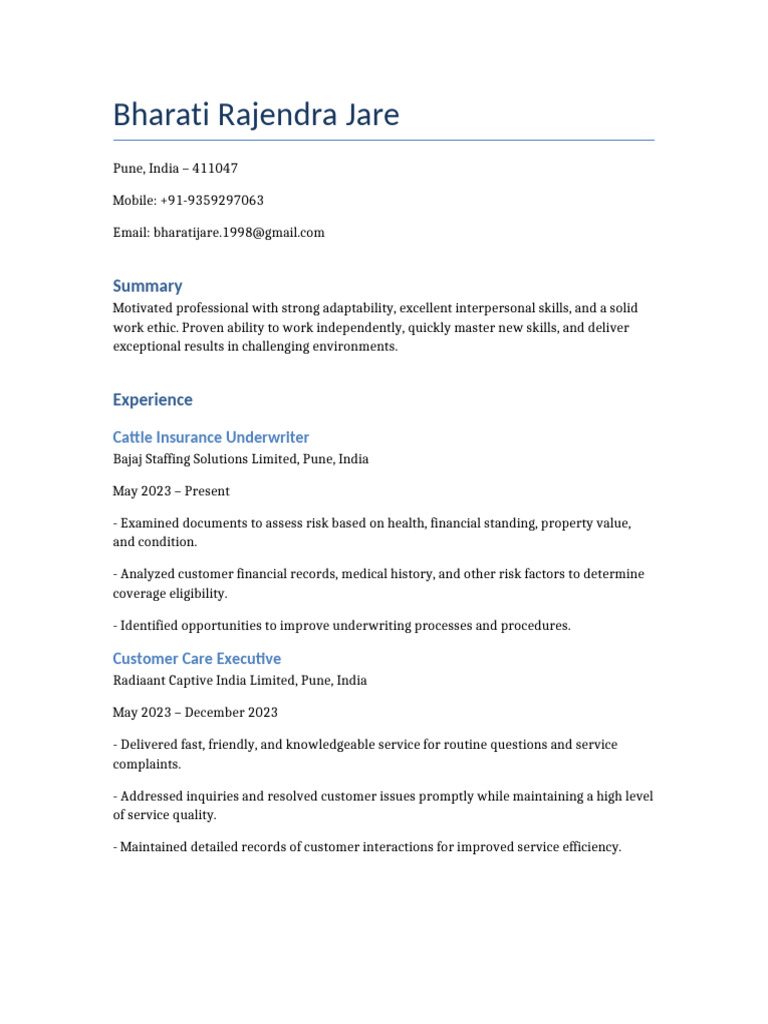 Bharati Rajendra Jare Resume | PDF