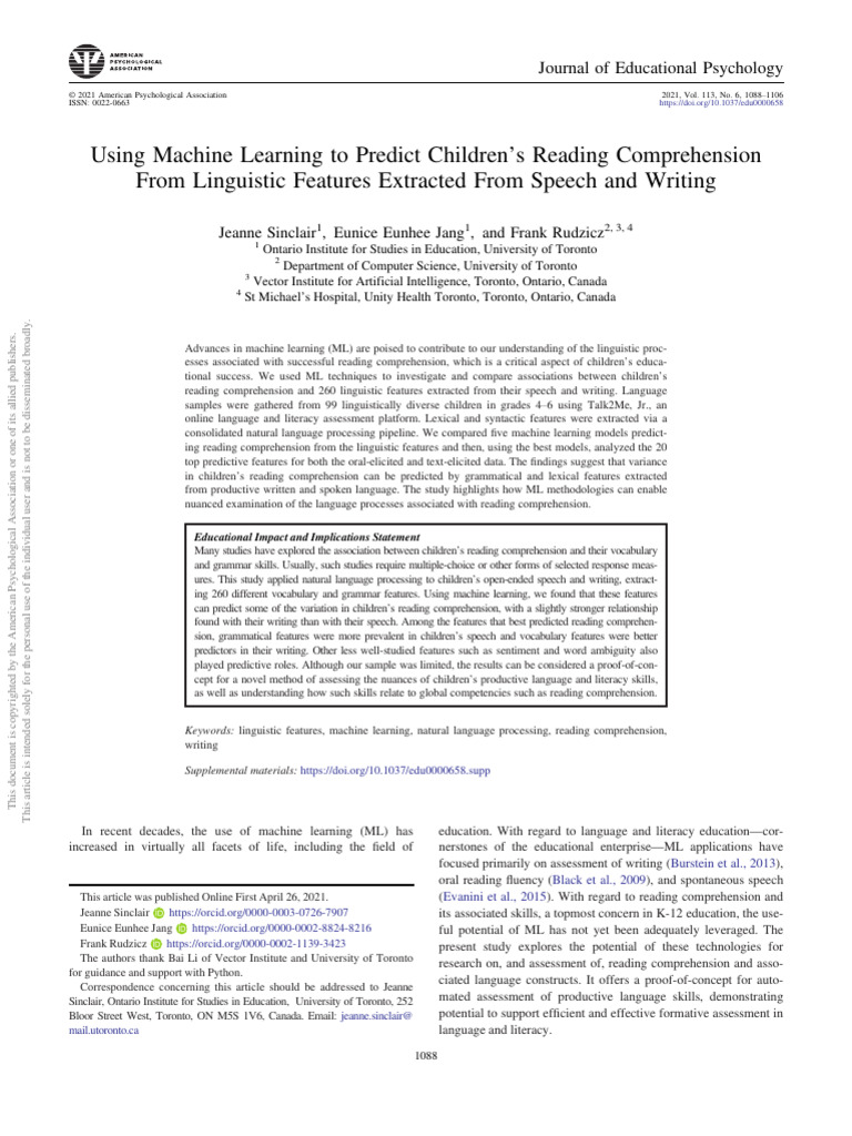 Using Machine Learning To Predict Children's Reading Comprehension | PDF | Reading Comprehension ...