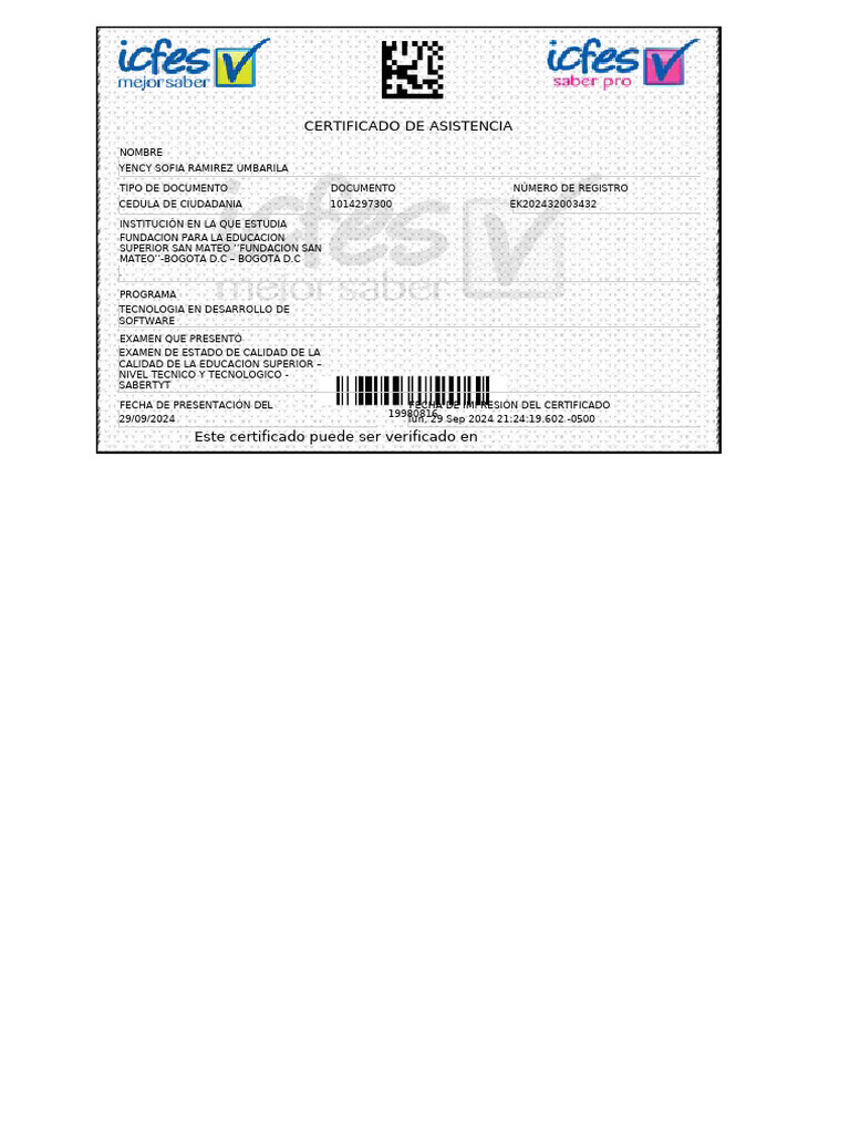 Certificado Asistencia Saber Pro | PDF