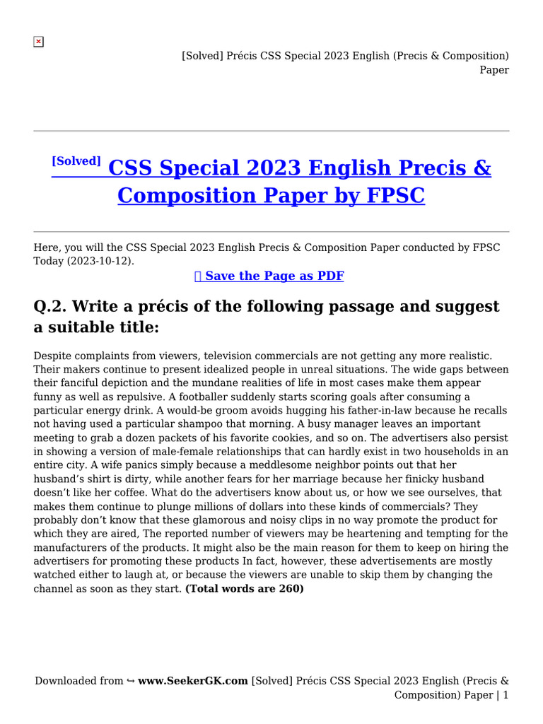 (Solved) Précis CSS Special 2023 English (Precis & Composition) Paper | PDF | Verb | Language ...