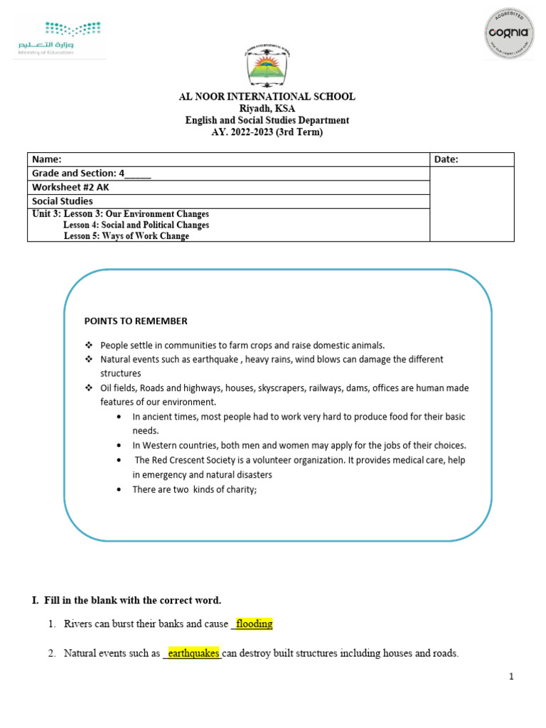 3rd Term Gr. 4 Social Studies Worksheet-2 - Answer Key-1 | PDF ...