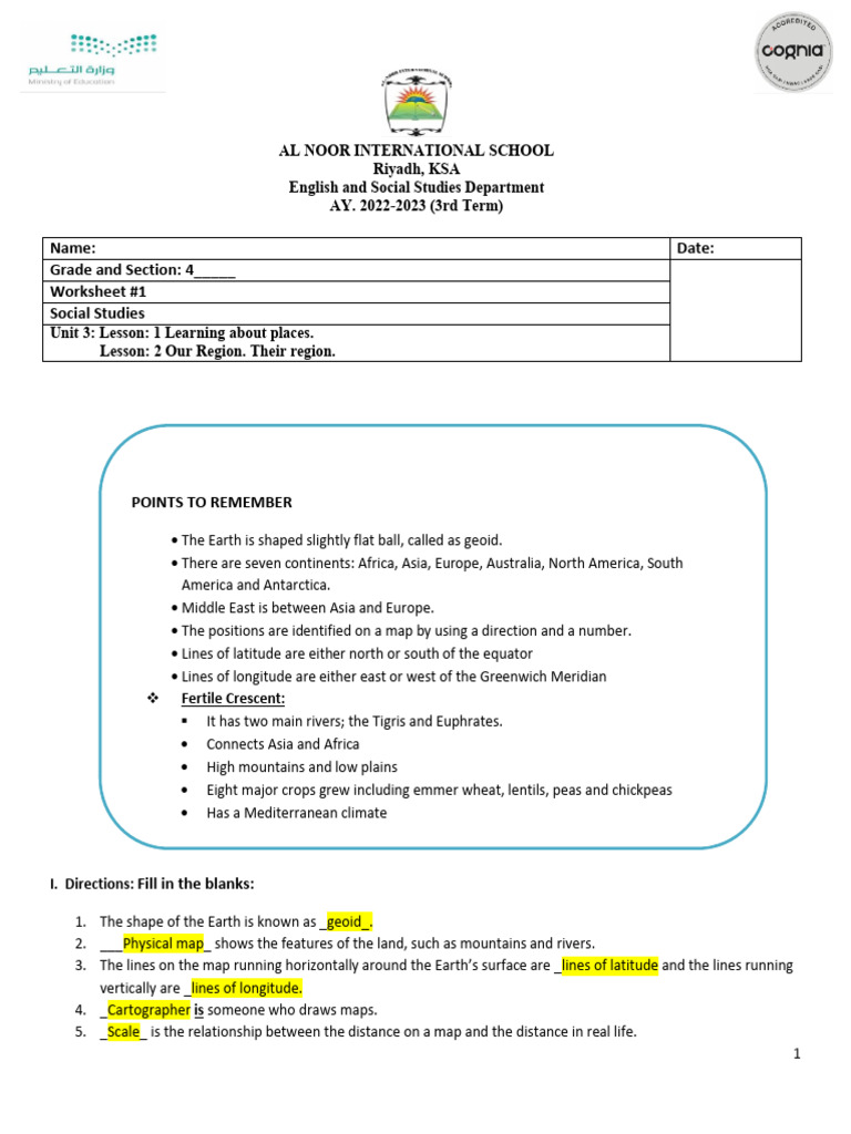 3rd Term Gr. 4 Social Studies Worksheet-1 - Answer Key-3 | PDF ...
