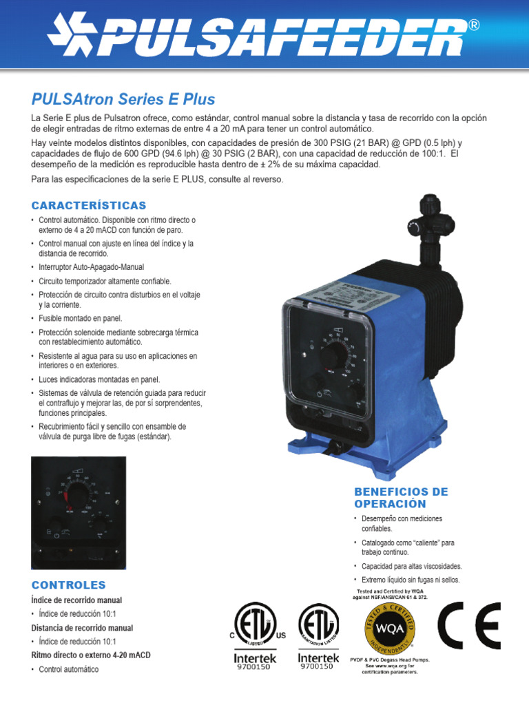 Pulsatron Series e Plus Tech Sheet Es | PDF | Electricidad | Ingeniería de Edificación