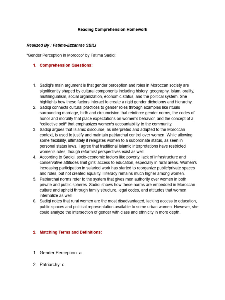 Reading Comprehension Homework | PDF | Gender | Gender Studies