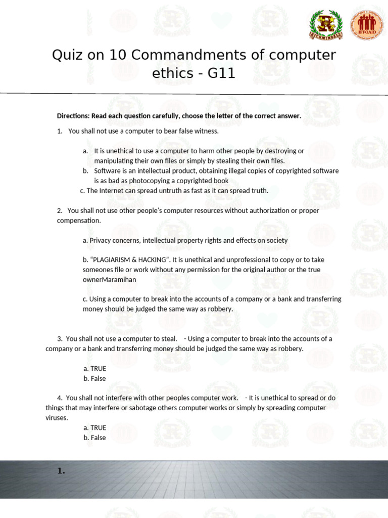 10 Commandments of Ethics Quiz | PDF