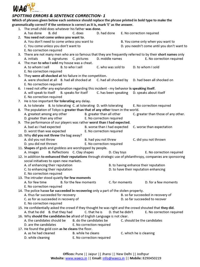 Spotting Error & Sentence Correction-1 | PDF