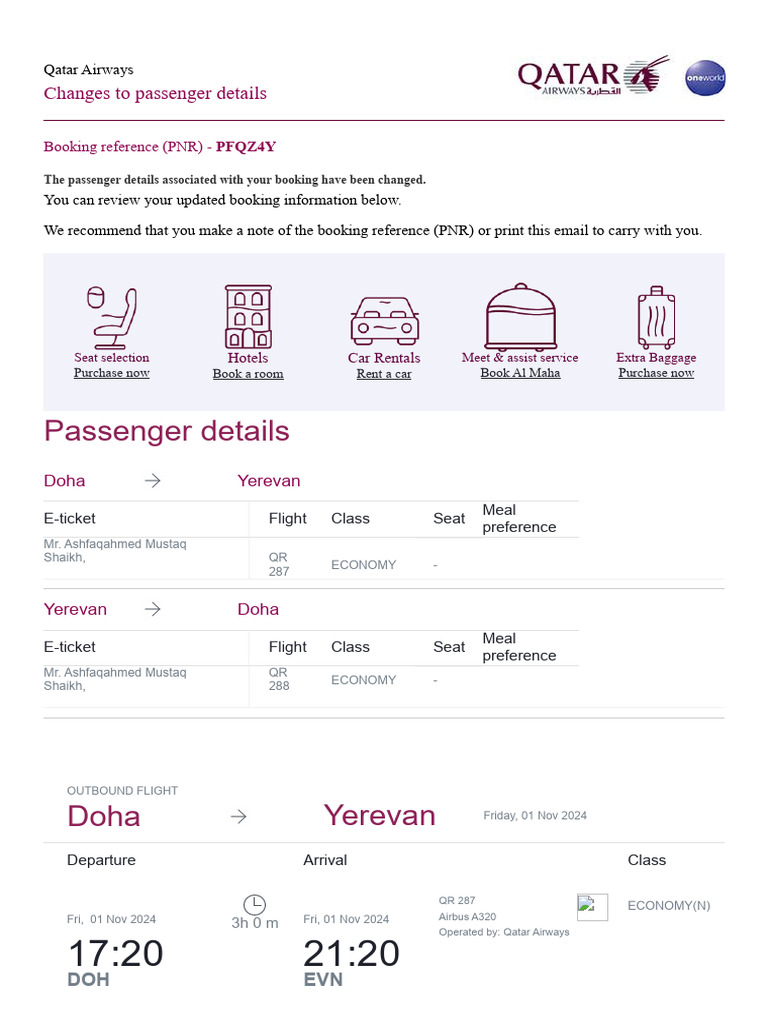 Qatar Airways Booking Update: QR287/288 | PDF | Transport | Aviation