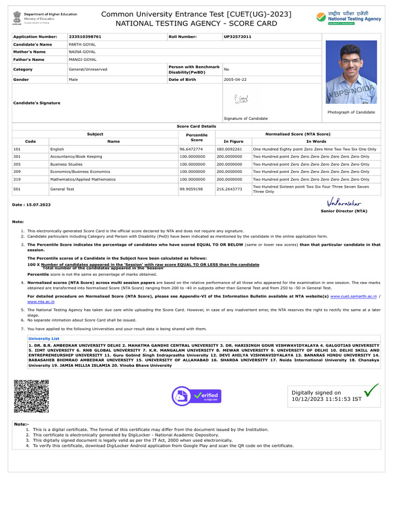 Cuet Score Card | PDF