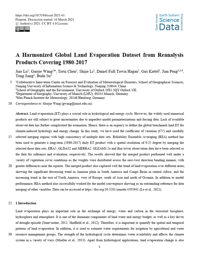 A Harmonized Global Land Evaporation Dataset From | PDF | Coefficient Of Variation | Bias Of An ...