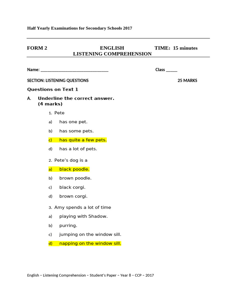 Listening Questions - Teacher - Marking Scheme - Y8 - CCP 17 | PDF