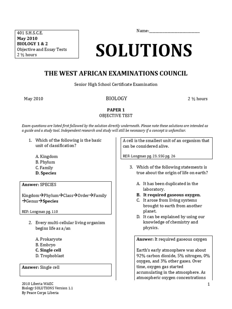 2010 Waec Biology Solutions | PDF | Digestion | Eusociality