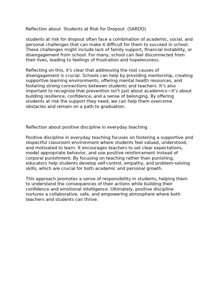 Reflection About Students at Risk For Dropout | PDF