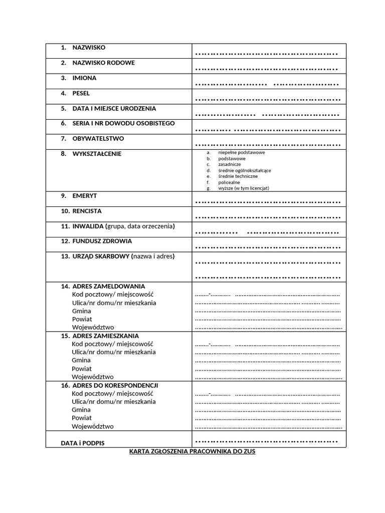 Karta Zgłoszenia Pracownika Do Zus | PDF