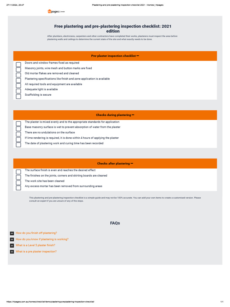 Plastering and Pre-Plastering Inspection Checklist 2021 - Homes ...