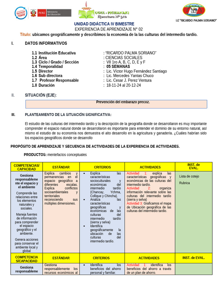 Experiencia de Aprendizaje 01 - Primero - Iv Bim | PDF | Aprendizaje | Evaluación