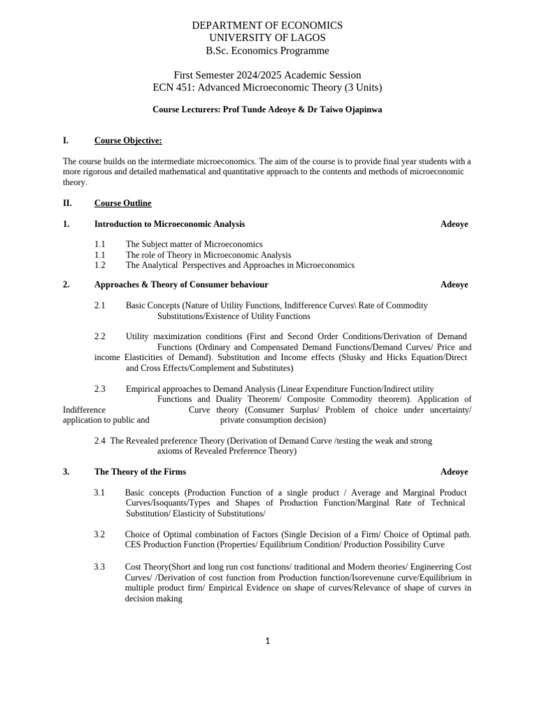 ECN 451 Outline 2024 - 2025 | PDF | Microeconomics | Demand