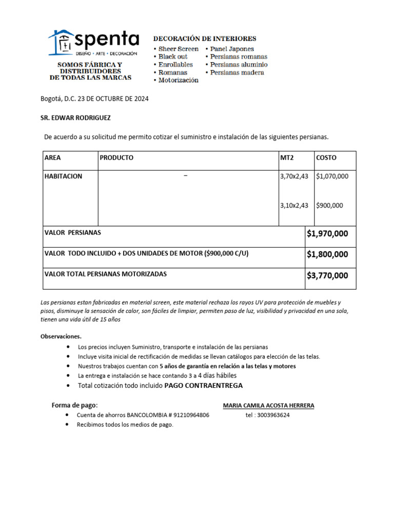 Cotizacion Sr. Edwar Rodriguez Panel Japones | PDF