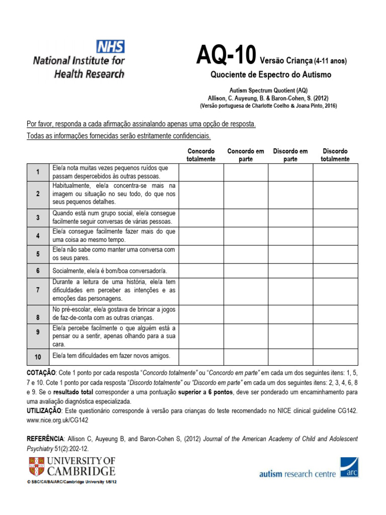 AQ10 - Child - Portuguese (1) - 04 - 11 Anos | PDF