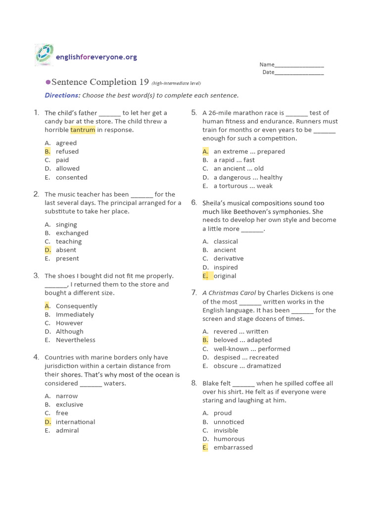 High Intermediate Sentence Completion 19 (1) .PDF NO KEYS | PDF | Christmas