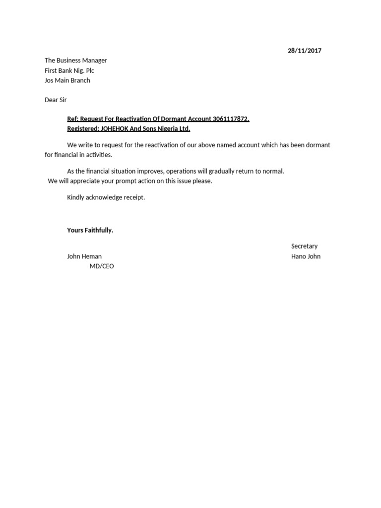 Dormant Account Reactivation Request | PDF