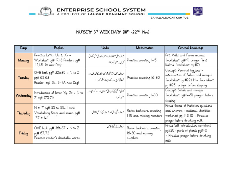 NURSERY 3rd WEEK Nov DIARY | PDF