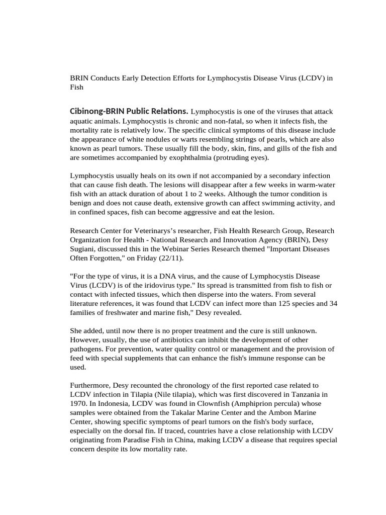 BRIN Conducts Early Detection Efforts For Lymphocystis Disease Virus ...
