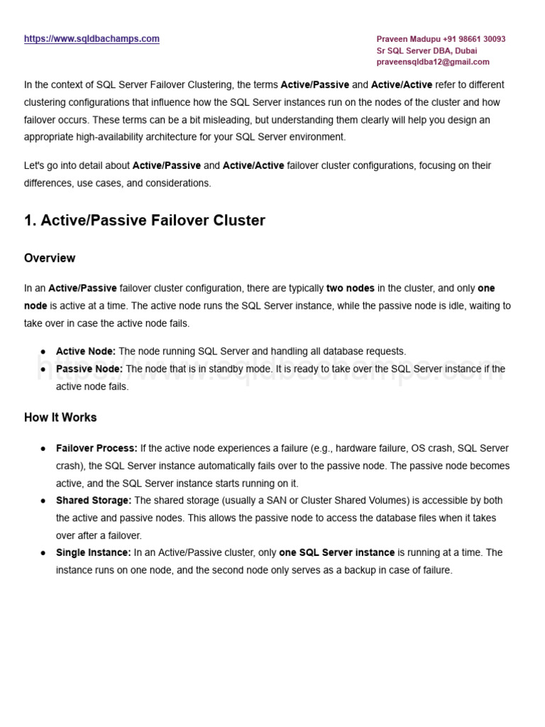 SQL Server Active - Passive & Active - Active Failover Cluster | PDF | Computer Cluster ...