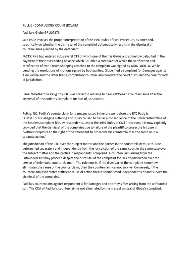 RULE 6 - Compulsory Counterclaim | PDF