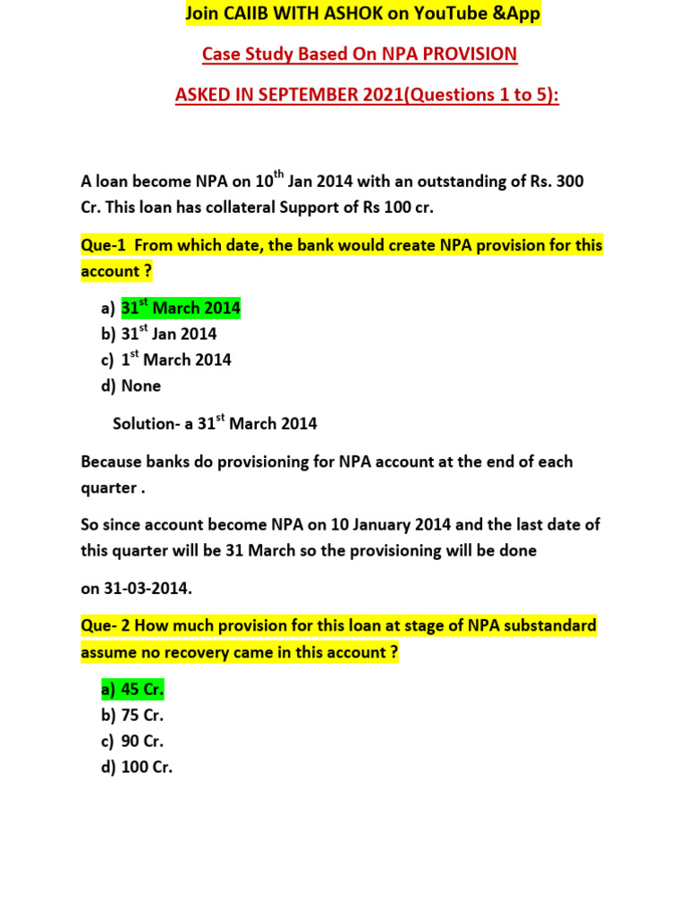BFM Case Study On Npa Provision Asked in September 2021 | PDF | Loans ...