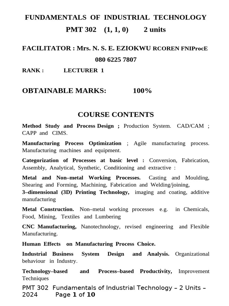 PMT 302 Fundamentals of Industrial Technology 2024 - 2 Units | PDF ...
