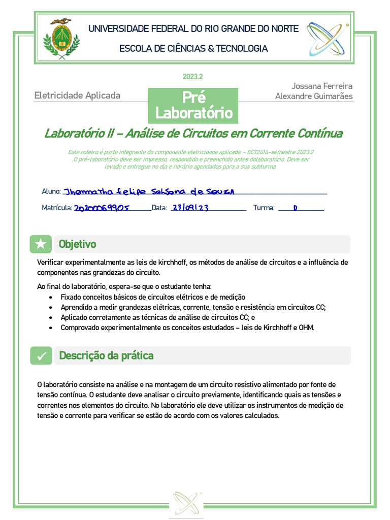 Pre - LAB2 - Analise de Circuitos CC | PDF | Rede elétrica | Corrente elétrica