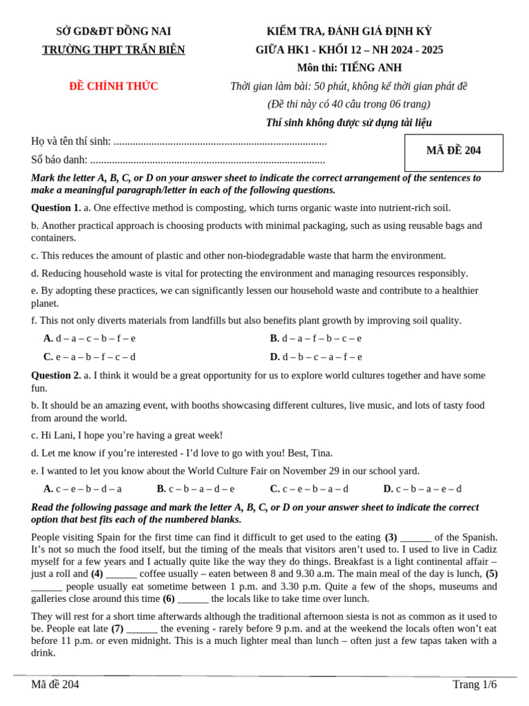Đề Thi Giữa HK1 Môn Tiếng Anh Lớp 12 Global Success (2024-2025) - New Format - 204 | PDF | Meal ...