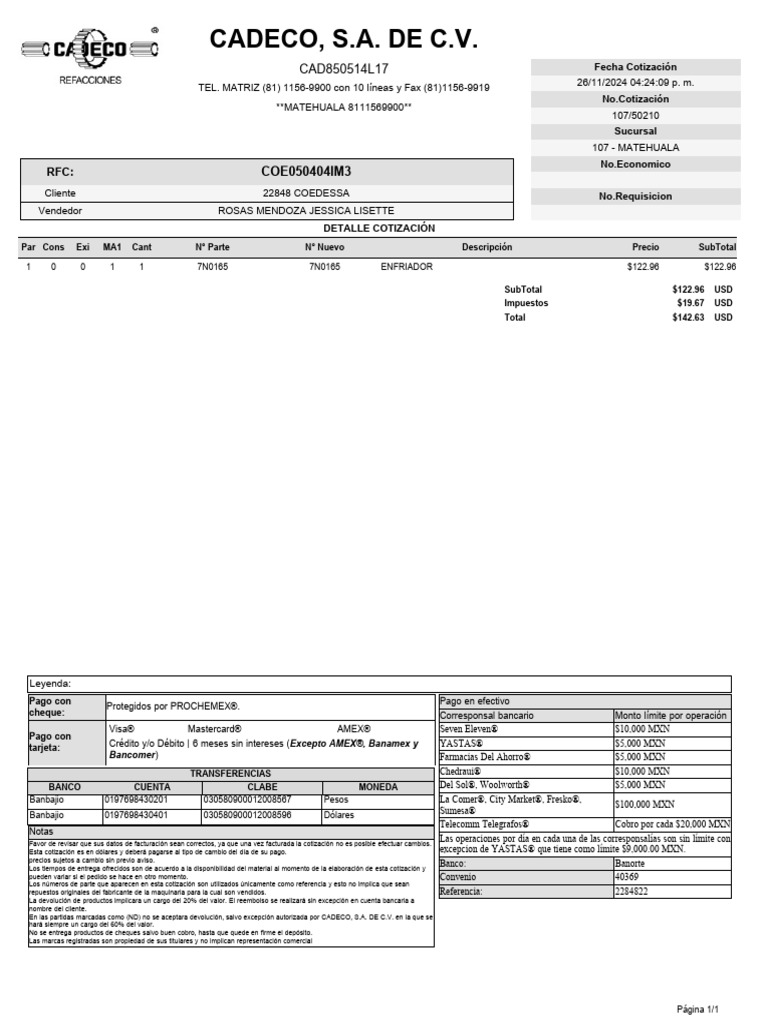 Cadeco, S.A. de C.V.: COE050404IM3 | PDF | Peso mexicano | Bancos