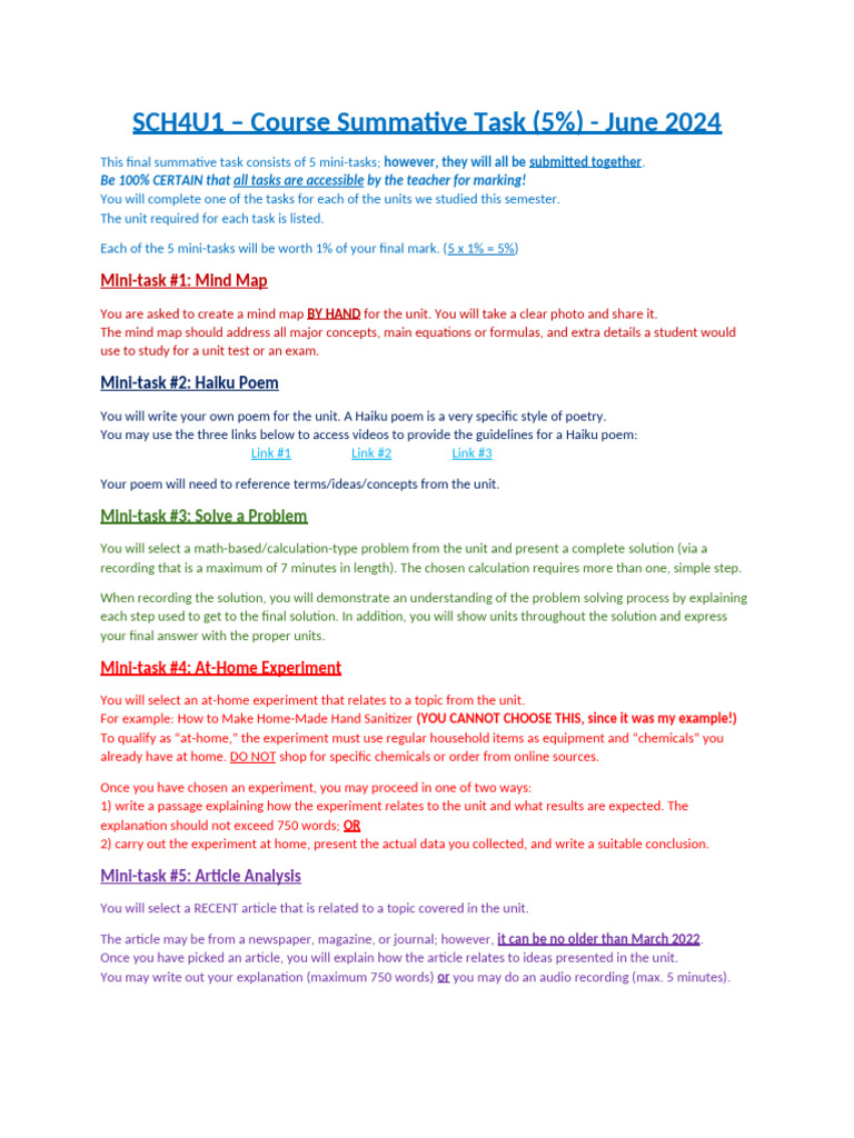 SCH4U Summative Mini-Tasks - May 2024 | PDF | Concept | Cognitive Science