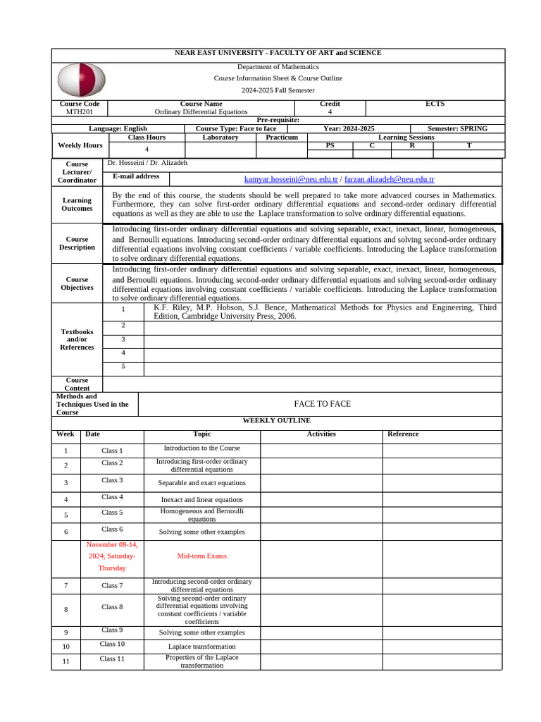MTH201 Course Outline Template | PDF | Differential Equations | Equations