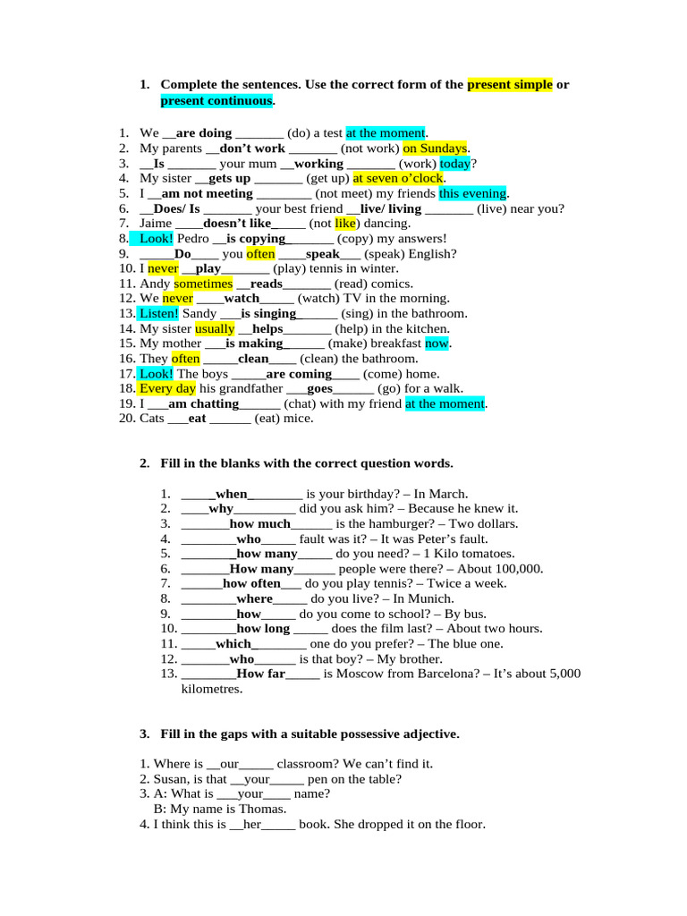 Grammar Review Exercises - Units 1 - 3 - With Clues | PDF | Linguistics | Grammar