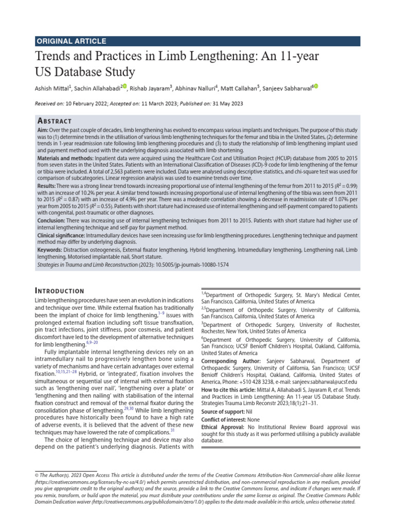 US Limb Lengthening Trends Study | PDF | Orthopedic Surgery | Medical ...