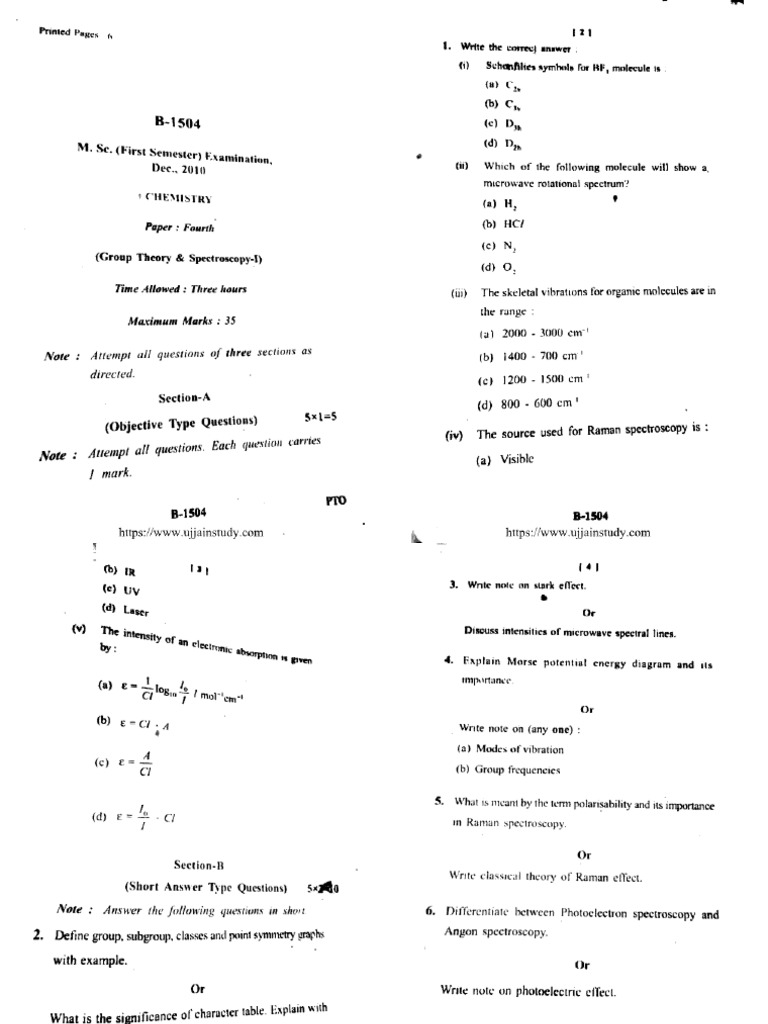 MSC 1 Sem Chemistry Group Theory and Spectroscopy 1 B 1504 Dec 2010 | PDF