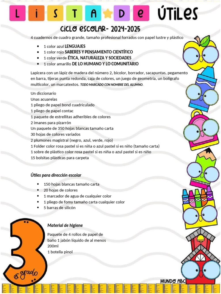 Lista de Utiles para 3ro | PDF