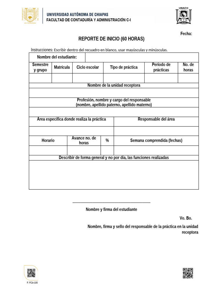 Ffca-100 Reporte de Inicio (60 Horas) | PDF