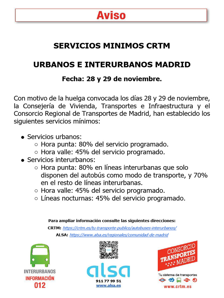 Servicios Minimos CRTM 28 29 Nov | PDF