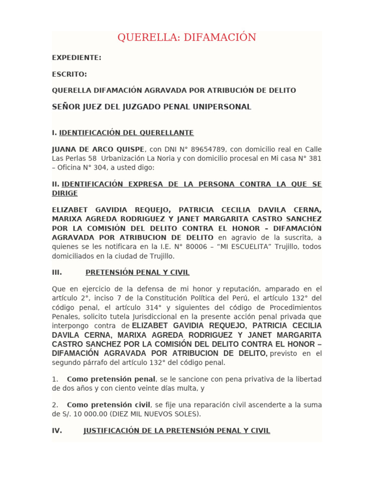 Querella Difamacion Agravada | PDF | Intención (Derecho Penal) | Queja