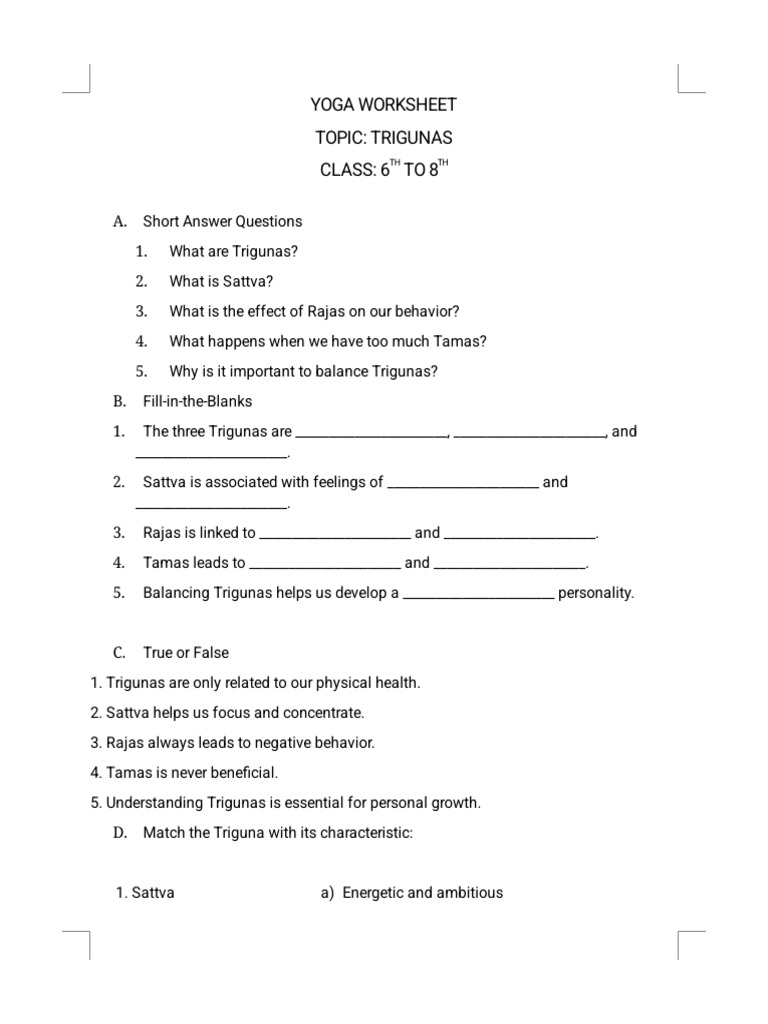 Yoga Worksheet of Trigunas 1 | PDF