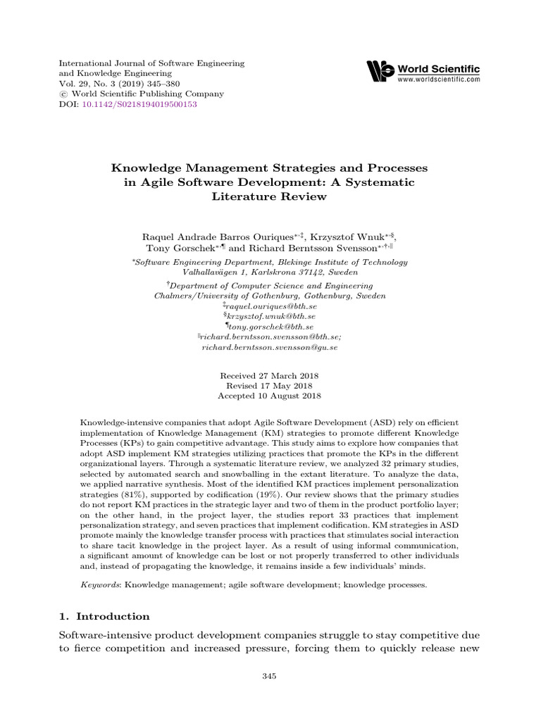 Ouriques Et Al 2019 Knowledge Management Strategies and Processes in Agile Software Development ...