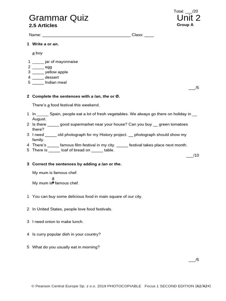 Grammar Quiz: Articles Practice A2/A2+ | PDF