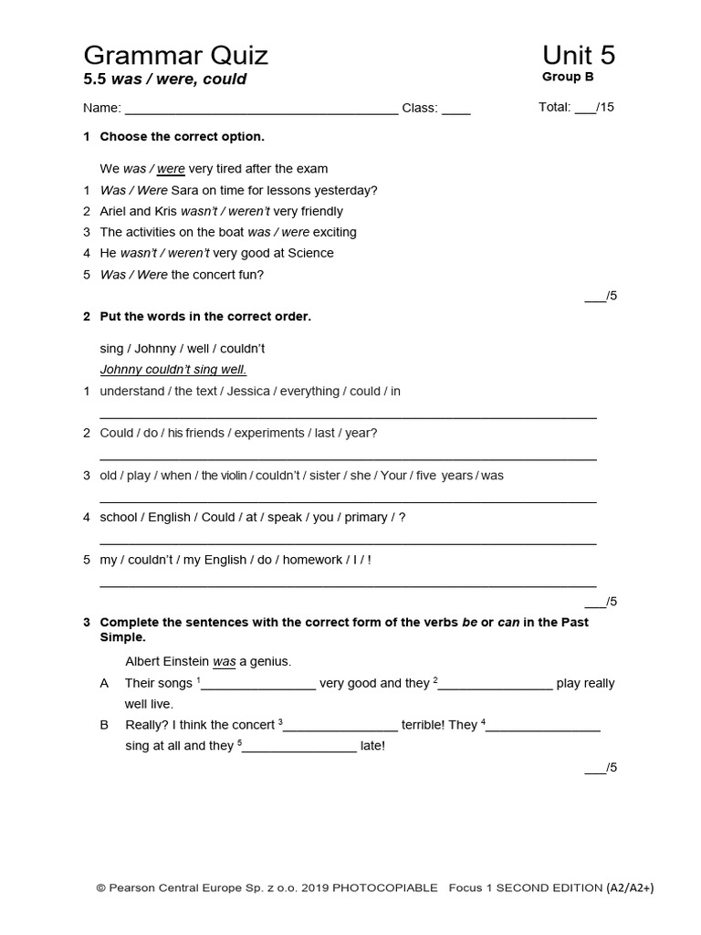 Grammar Quiz: Past Simple "Was/Were" | PDF