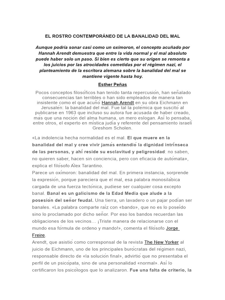 Banalidad del Mal: Reflexiones Actuales | PDF | Hannah Arendt | Mal