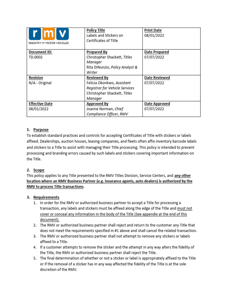 TD.0002 - Labels and Stickers On Certificates of Title | PDF