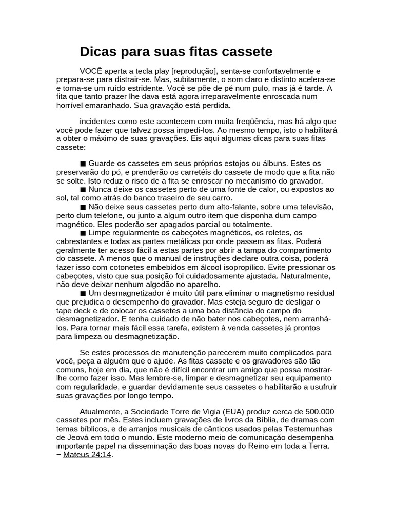 Dicas para Suas Fitas Cassete | PDF